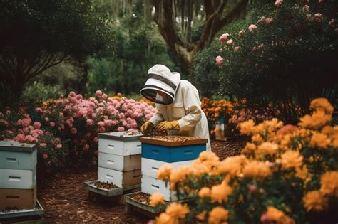 Beekeeper Is Working With Bees And Beehives On Apiary Bees On Honeycomb Neural Network AI