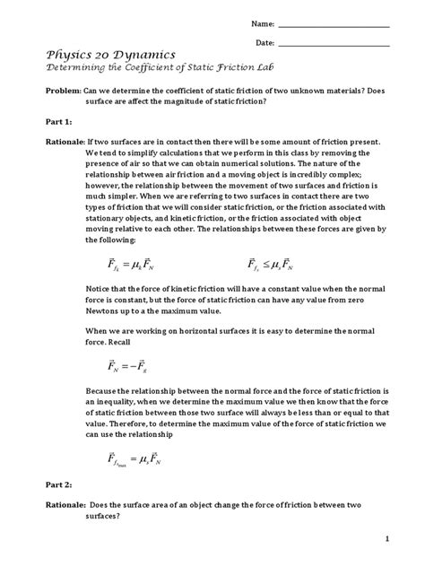 Physics 20 Dynamics Lab 2 Pdf Friction Weighing Scale