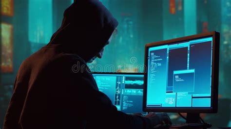 Computer Hacker In Hoodie Obscured Dark Face Hacker Attack Virus Infected Software Dark Web