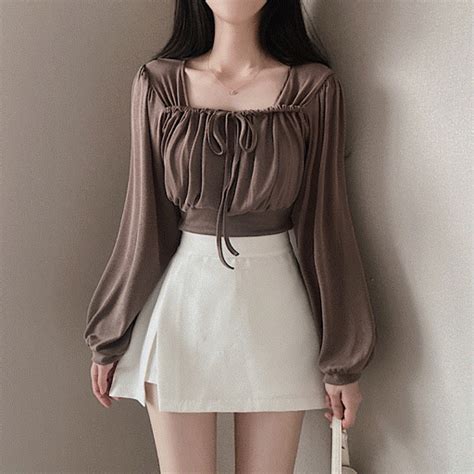 러블리페미닌 킨 셔링 리본 크롭 벌룬 스퀘어넥 긴팔 3color 에이블리