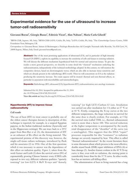Pdf Experimental Evidence For The Use Of Ultrasound To Increase Tumor Cell Radiosensitivity