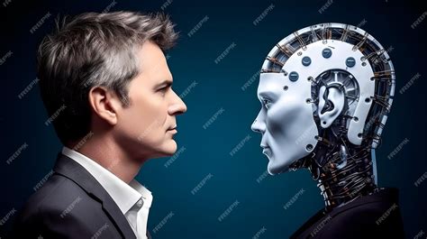 인간과 ai 로봇은 미래에 인간과 로봇 전쟁의 개념을 서로 본다 프리미엄 사진