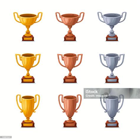 금 은 브론즈 트로피 컵 1위 2위 3위 우승 트로피 등 다양한 모양의 트로피 어워드 컵 플랫 스타일 벡터 일러스트레이션 1위에 대한 스톡 벡터 아트 및 기타 이미지
