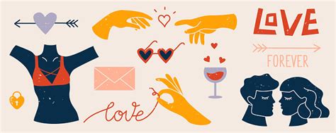 트렌디 한 추상적 인 사랑 요소의 큰 세트 손으로 그린 낭만적 인 일러스트의 장식 컬렉션 커플 감동 손 마음 레터링 화살표 선글라스 커플에 대한 스톡 벡터 아트 및 기타