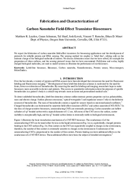 Pdf Fabrication And Characterization Of Carbon Nanotube Field Effect Transistor Biosensors