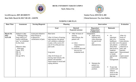 Bo Joycee Ncp Sample Ncp Bicol University Tabaco Campus Tayhi