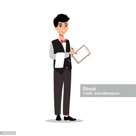 웨이터 치킨의 접시를 들고 유니폼을 입고 만화 캐릭터 재미의 평면 만화 사람 흰색 배경에 고립 개념에 대한 스톡 벡터 아트 및 기타 이미지 Istock