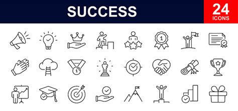 성공 웹 아이콘이 설정되었습니다 성공 간단한 얇은 선 아이콘 모음입니다 보상 우승자 리본 별 컵 등이 포함되어 있습니다 간단한 웹 아이콘 설정 개념에 대한 스톡 벡터 아트