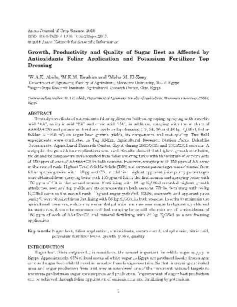 Pdf Growth Productivity And Quality Of Sugar Beet As Affected By Antioxidants Foliar