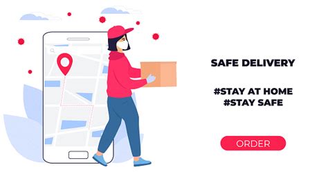 코비드19 코로나 바이러스 전염병 보호 용 의료 용 마스크를 쓴 택배 소녀는 손에 소포를 들고 있습니다 상품 및 음식의 온라인 주문 안전한 배송 웹 페이지 디자인