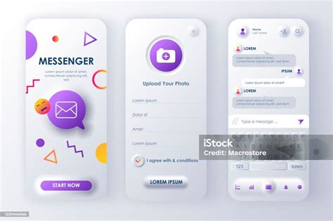 응용 프로그램 신형성 스타일에 대한 온라인 메신저 독특한 신형태 디자인 키트 사용자 프로필이 있는 소셜 네트워크 화면입니다 모바일 메신저 Ui Ux 템플릿 세트 그래픽