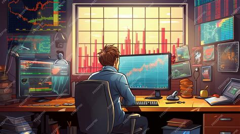 Premium Vector A Cartoon Of A Man Working At A Computer With A Graph In The Background