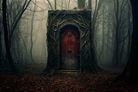 Ai Generated Mysterious Dark Forest With Old Door Halloween Concept