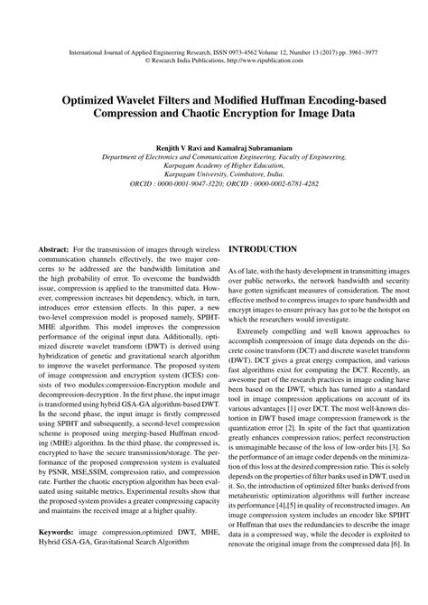 Pdf Optimized Wavelet Filters And Modified Huffman Encoding Based Compression And Chaotic