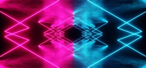 네온 조명 가상 공상 과학 Fi 미래 활기찬 보라색 파란색 빛나는 레이저 빔 모양 어두운 그런 지 콘크리트 터널 지하 홀 차고 룸 갤러리 밤 3d 렌더링 0명에 대한 스톡