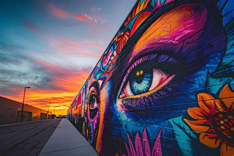 Urban Street Art Mural Under A Sunset Sky With Artistic Graffiti