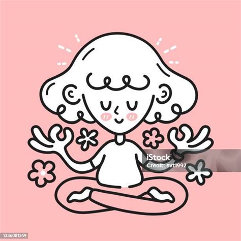 귀여운 명상 여자 여자 안에 행복 한 두뇌와 함께 벡터 만화 캐릭터 일러스트 아이콘 흰색 백고운드에 격리 소녀 정신적 조화 명상 마음 챙김 개념에 여자 젠 스타일에 대한