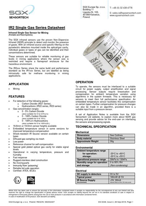 Ir22gm Datasheet Pdf Infrared Single Gas Sensor Download Sgx Ir22gm