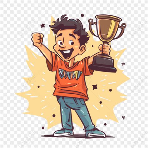 행복한 얼굴 만화 오렌지 셔츠에 트로피를 들고 소년 클립 아트 승리 벡터이기다행복하다 Png 일러스트 무료 다운로드 Lovepik