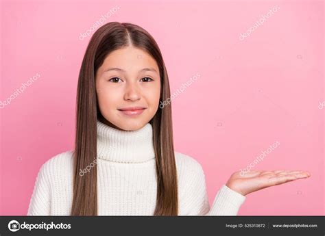 Portrait Of Attractive Cheery Girl Demonstrating Holding On Palm Copy