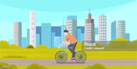 공원 여름시간에 타는 남자 남자는 고층 빌딩과 마을에서 시간을 보내는 도시 도로에 자전거를 타고 가공의 인물에 대한 스톡 벡터 아트 및 기타 이미지 Istock
