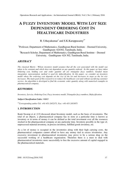 Pdf A Fuzzy Inventory Model With Lot Size Dependent Ordering Cost In Healthcare Industries