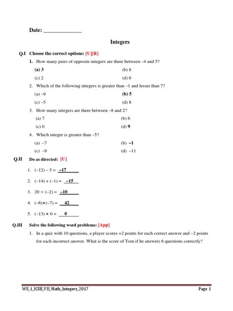 Integer Workbook Pdf