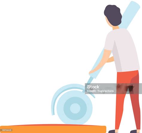 젊은이 익명 남자 캐주얼 옷 흰색 배경에 부엌 도구 벡터 일러스트 레이 션을 들고 거 대 한 칼으로 절단 피자 가사 집안일에