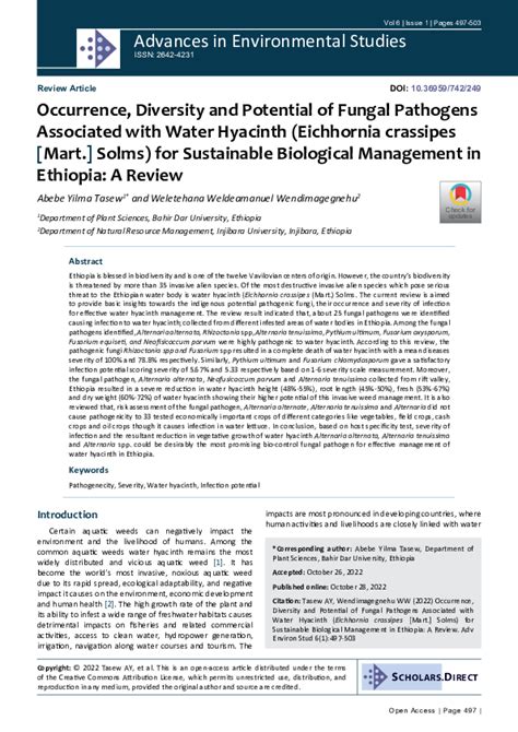 Pdf Occurrence Diversity And Potential Of Fungal Pathogens Associated With Water Hyacinth