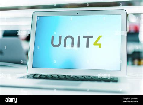 Poznan Pol Dec 8 2021 Laptop Computer Displaying Logo Of Unit4 A Software Company That