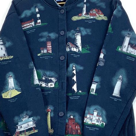Vintage Lighthouses Of The Usa Sweatshirt Cardigan Large Blue Etsy