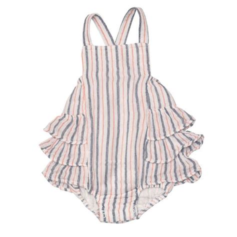 Organic Ruffle Sunsuit Nautical Ticking Stripe