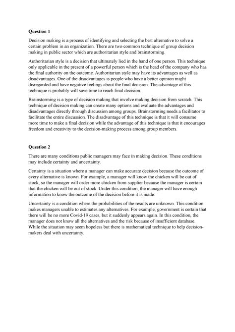 Tutorial Chapter 4 Pad101 Chp 4 Question 1 Decision Making Is A