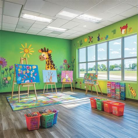 Brightly Decorated Empty Preschool Classroom With Art Supplies And Drawings On A Sunny Day