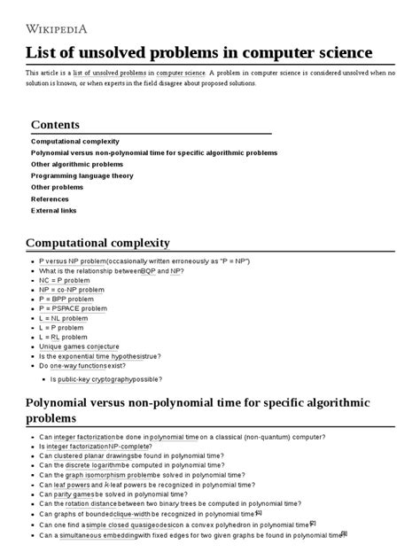 list of unsolved problems in computer science pdf time complexity