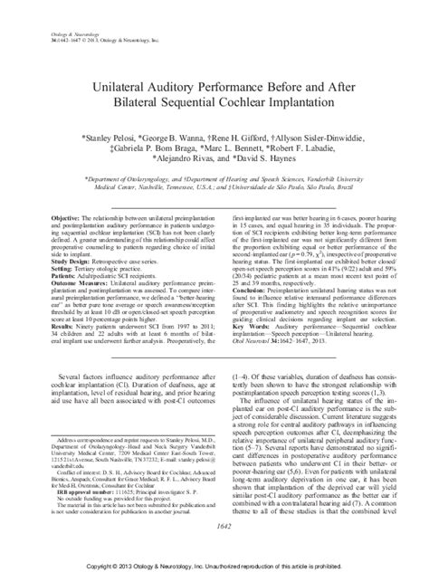 Pdf Unilateral Auditory Performance Before And After Bilateral Sequential Cochlear