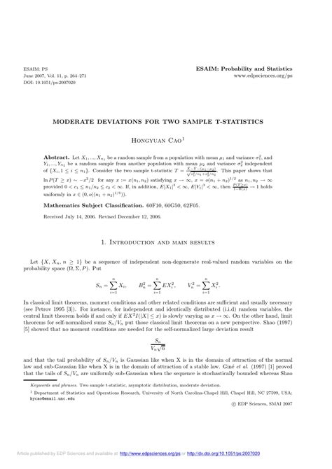 Pdf Moderate Deviations For Two Sample T Statistics