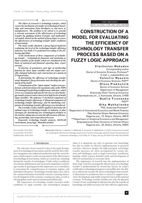 Pdf Construction Of A Model For Evaluating The Efficiency Of Technology Transfer Process Based