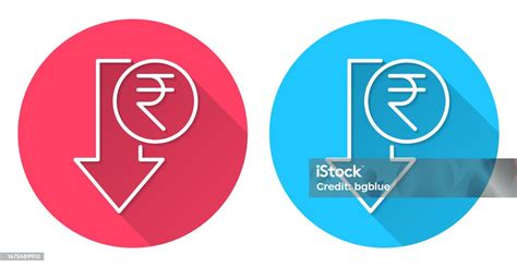 Indian Rupee Decrease Round Icon With Long Shadow On Red Or Blue Background Stock Illustration