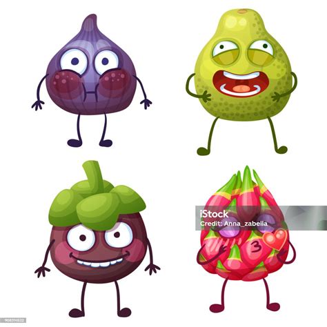 재미 있는 과일 문자 흰색 배경에 고립입니다 쾌활 한 음식 이모티콘입니다 벡터 일러스트 레이 션 만화 무화과 미친 포 멜로 귀여운 망고스틴 사랑 스러운 Pitaya 를 혼동