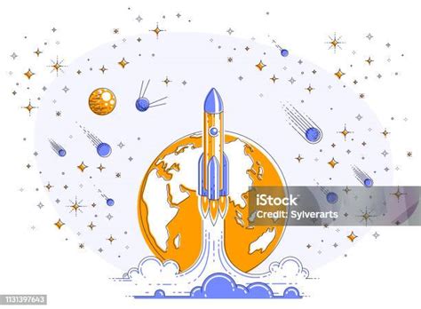 혜성 소행성 유성 별 및 기타 요소에 둘러싸여 우주로 지구를 통해 로켓 발사 우주 우주 과학을 탐구 한다 얇은 라인 3d 벡터 일러스트 레이 션 흰색 절연 Launch