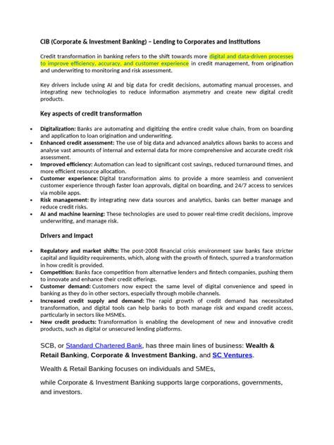 Scb Cib Credit Transformation Pdf Banks Finance And Money