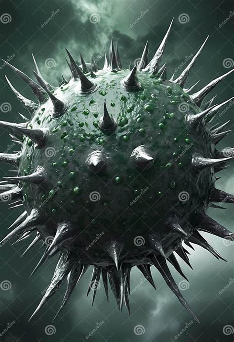 Hyper Realistic Depiction Of A Pandemic Virus With Metallic Spikes And Textured Surface Stock