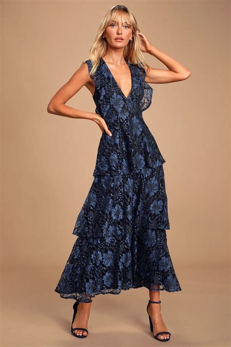 Lovely Navy Blue Dress Lace Dress Maxi Dress Tiered Maxi Lulus