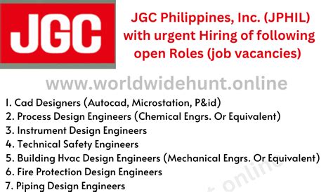 Jgc Philippines Inc Jphil With Urgent Hiring Of Following Open Roles Job Vacancies
