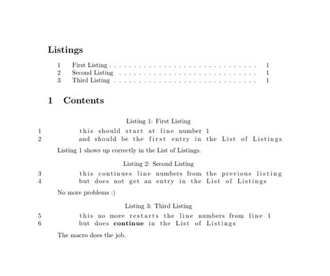 Listings Continuous Line Numbering In Lstlisting But Separate Lsttableoflistings Entries