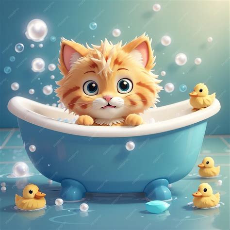 Premium Photo Cute Cat Bath In The Bath Tub With Duck Toys Cartoon