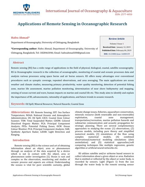 pdf applications of remote sensing in oceanographic research international journal of