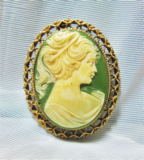Vintage Cameo Brooch Filigree Frame Green Faux Cameo Brooch 1960s