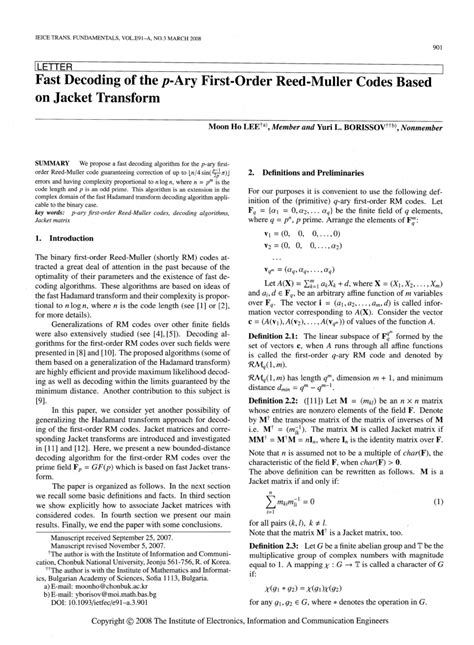 Pdf Fast Decoding Of The P Ary First Order Reed Muller Codes Based On Jacket Transform